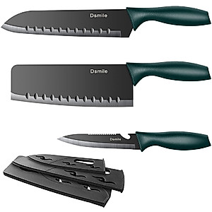 Dsmile 3 Pieces Stainless Steel Kitchen Knife Set (Chef Knife, Utility Knife, Paring Knife) with Clad Dimple and Knife Covers, For Chef Cooking Cutting