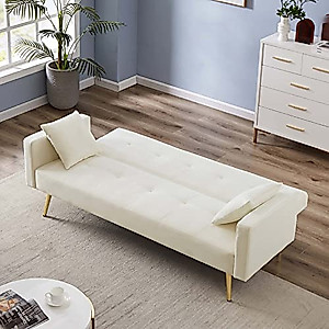 73" Velvet Convertible Futon Sofa Bed with 2 Pillows, Modern Couch Loveseat Sofa with 3 Adjustable Backrest Angles, Folding Accent Sofa Sleeper Recliner for Apartment Living Room Bedroom (Cream White)