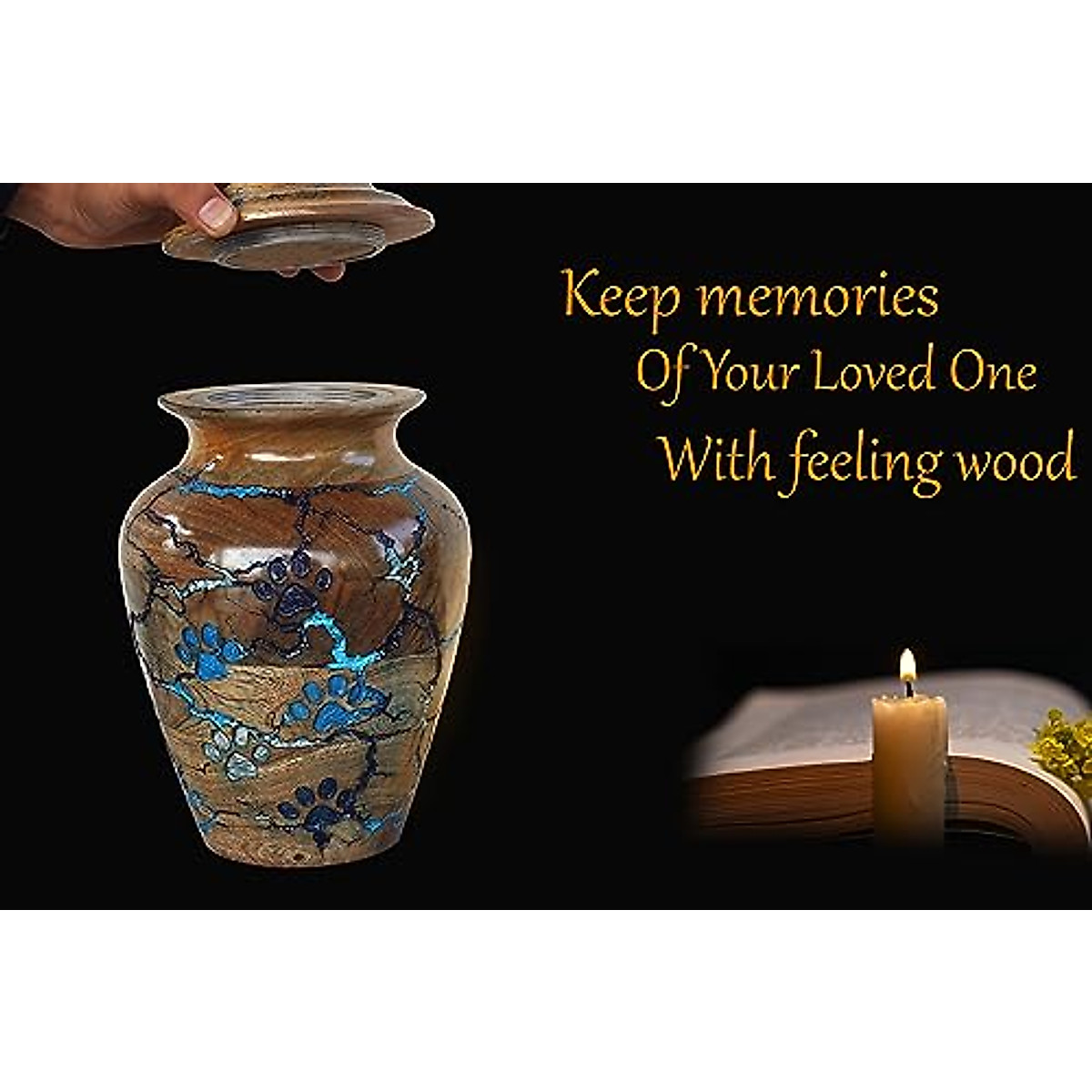 Medium Size Lightning Strike Wooden Pet Urns for Dogs Ashes, Turn Wood pet Cremation urns with Threaded Lid | Carved Paw Cat/Dog Urn for Pet Ashes Dog (Lightening Work, Medium 65 cu inches)