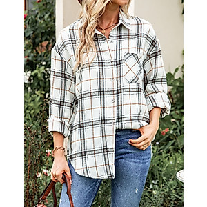 Lumister Oversized Flannel Shirt Women Long Sleeve Plaid Button Down Buffalo Shirt Blouse Tops with One Pocket(0405-White*1-M)