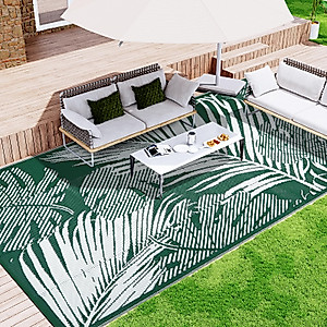 WondRg Outdoor Waterproof Patio Rug 5x8 Plastic Straw Reversible Lightweight Outdoor Area Carpet for Camping RV Picnic Backyard Deck Balcony Porch Beach, Green & White Leaf