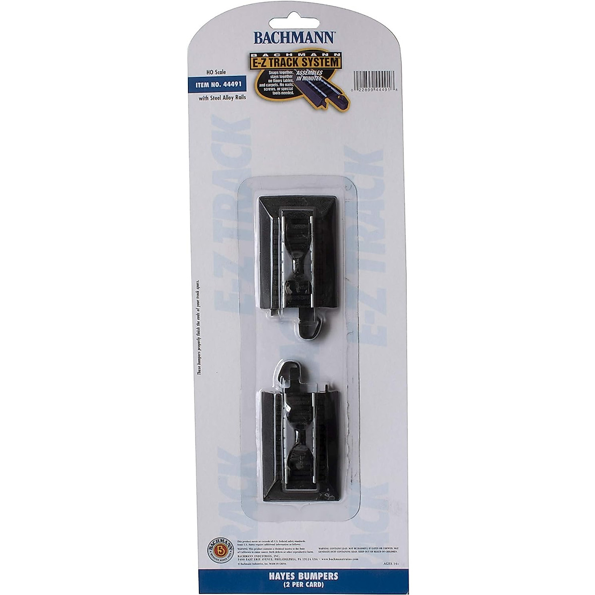 Bachmann Trains - Snap-Fit E-Z TRACK HAYES BUMPERS (2/card) - STEEL ALLOY Rail With Black Roadbed - HO Scale Grey, 8