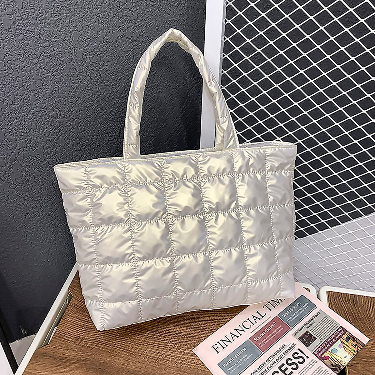 Qvenou Large Puffer Tote Bag for Women Lightweight Quilted Handbag Down Cotton Padded Shoulder Bag Large Capacity Down Padding Tote Bag-Off-white