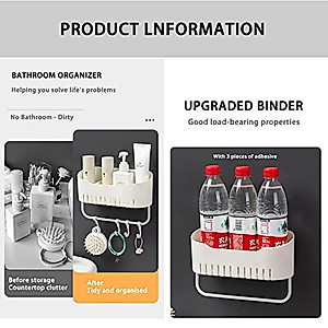 Bathroom Shower Basket Wall Mounted Shower Caddy Shelf with Hooks, No Drilling Removable Bathroom Shelf Organizer for Shampoo, Body Wash, Conditioner, Plastic Shower Rack for Kitchen & Bathroom