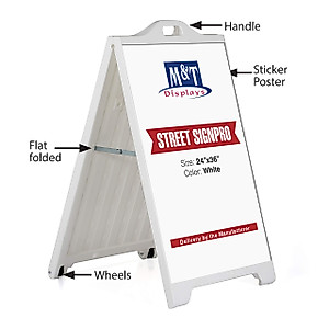 M&T Displays Street SignPro Board, White 24x36 Inch Weatherproof Sandwich Board A-Frame Sidewalk Curb Sign Holder Folding Portable Double Sided Advertising Display for Restaurant Cafe