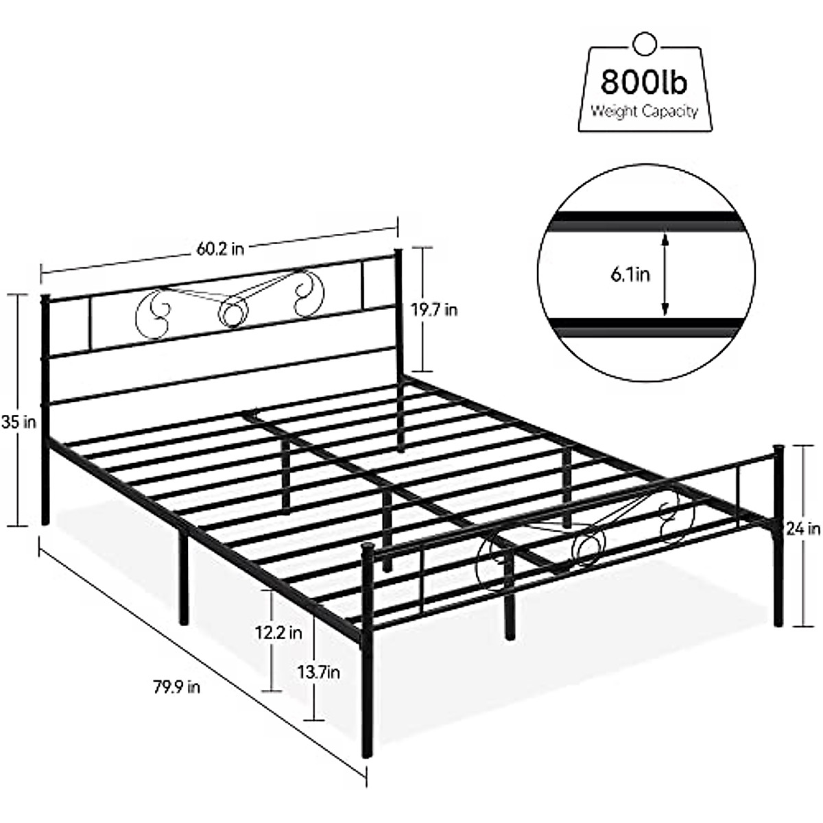 IDEALHOUSE Queen Bed Frame Platform with Headboard and Footboard Metal Bed Mattress Foundation with Storage, No Box Spring Needed, Easy Assembly, Black (Queen)