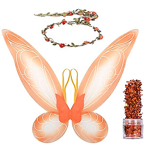 Funcredible Fairy Costume Accessories - Orange Fairy Wings and Flower Crown, Glitter - Tooth Fairy Cosplay Outfit for Women and Girls