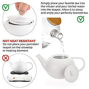 Tealyra - Large White Porcelain Teapot - 47.3-ounce (6-8 cups) - English Modern Style - Teapot with Bee Style Spout Filter To Brew Loose Leaf Tea - Ceramic Brewer Pot - 1400ml