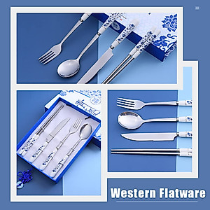 HEMOTON 1 Set White and Blue Porcelain Silverware Silverware Flatware Cutlery Set Stainless Steel Utensils Cutter Fork Spoon Chopsticks Set