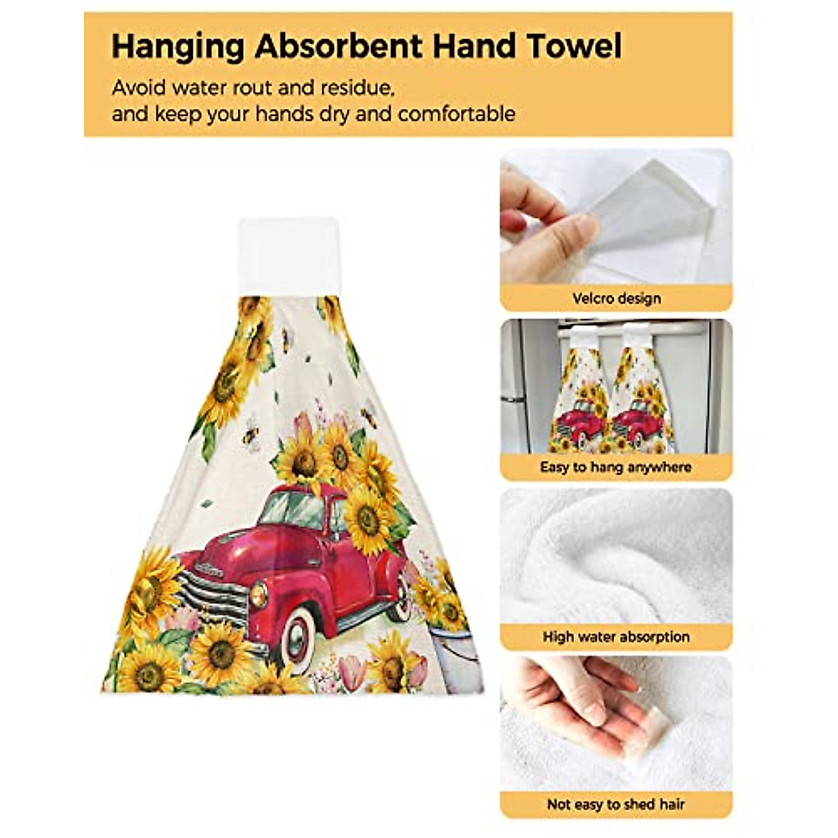 Vintage Truck 1pcs Hanging Kitchen Towel Hand Absorbent Towels Soft Durable Dish Towel for Bathroom Laundry Room Washcloth Tie Towel Quick Dry 18"x14", American Farmhouse Retro Car with Sunflower