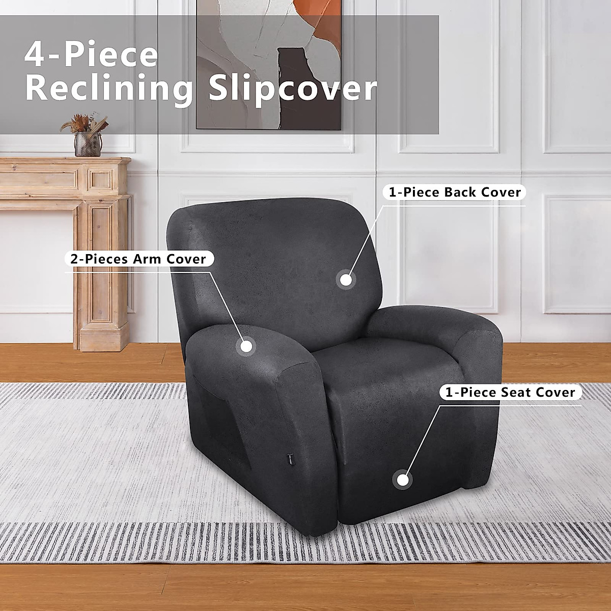 molasofa Recliner Chair Covers - 4 Pieces Leather Like Large Recliner Covers with Pocket Soft Stretch Recliner Slipcover for Lazy Boy Recliner Chair Washable Furniture Protector (Dark Grey)