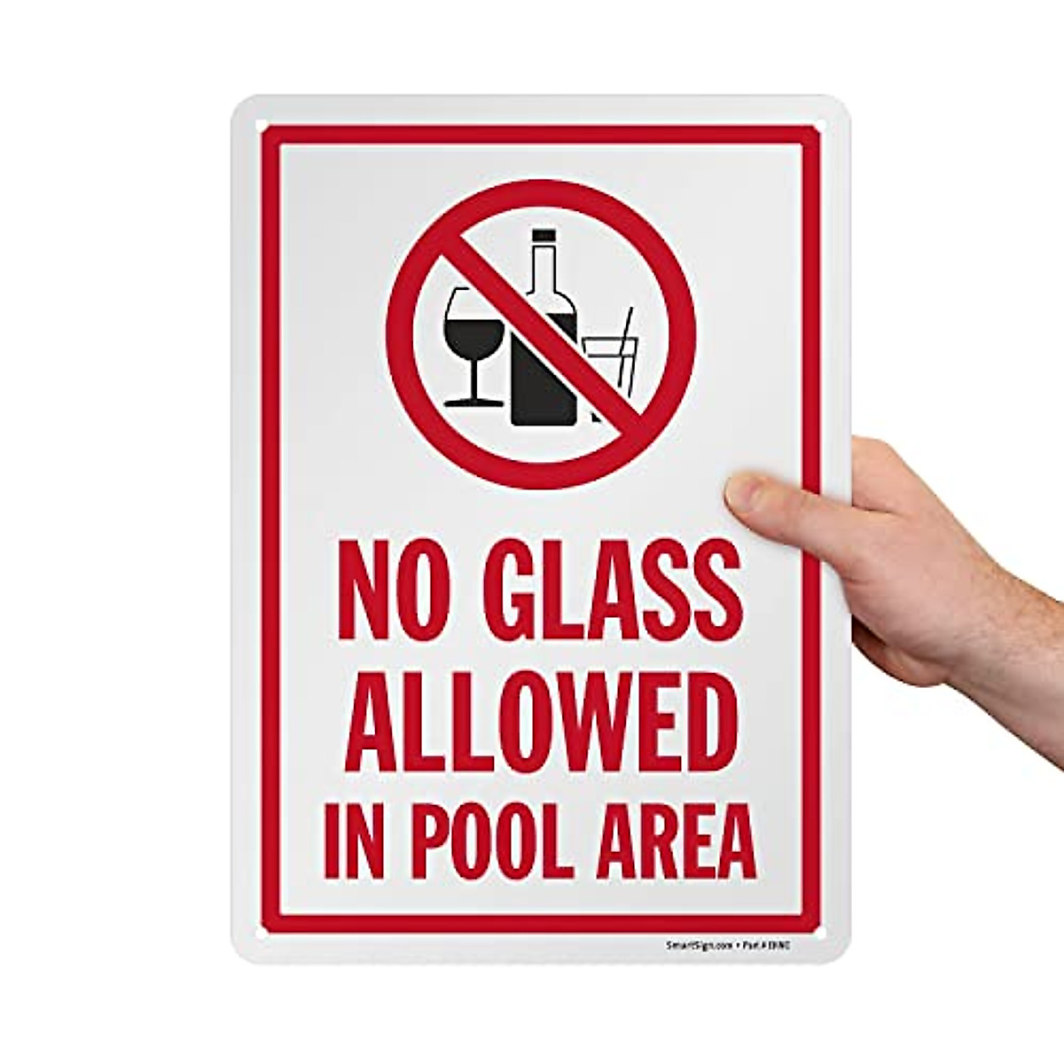 SmartSign 14 x 10 inch “No Glass Allowed In Pool Area” Metal Sign with Symbol, Screen Printed, 40 mil Laminated Rustproof Aluminum, Red, Black and White