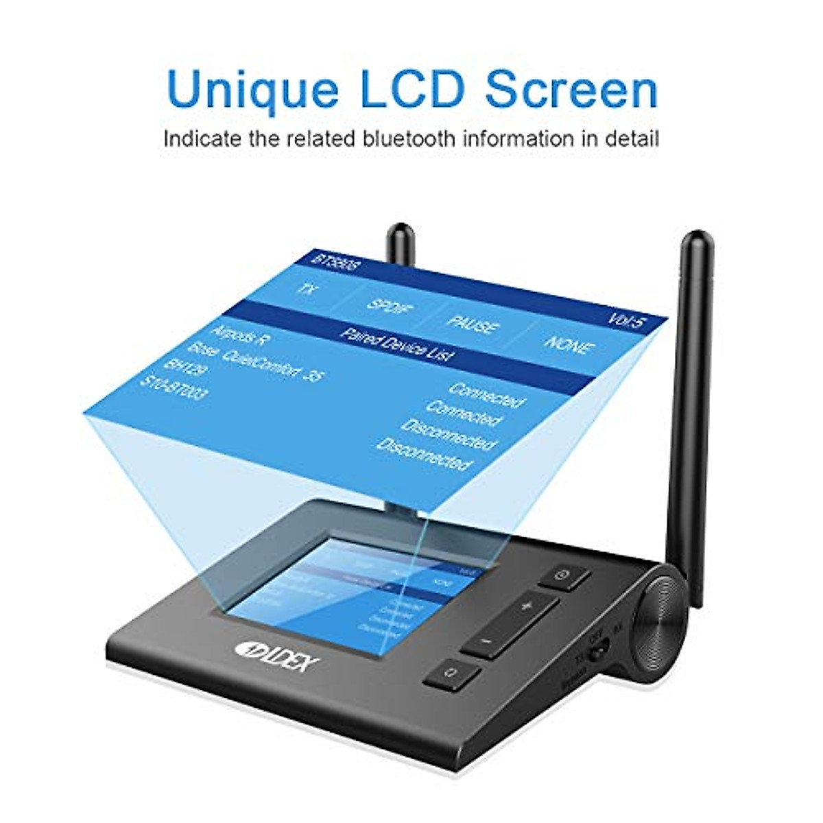 Bluetooth Transmitter Receiver, Wireless Bluetooth Adapter with Unique LCD Display, Low Latency Bluetooth 5.0 Audio Adapter, Dual Link Optical RCA AUX for Headphones, TV, PC, Laptop and Speaker（black）