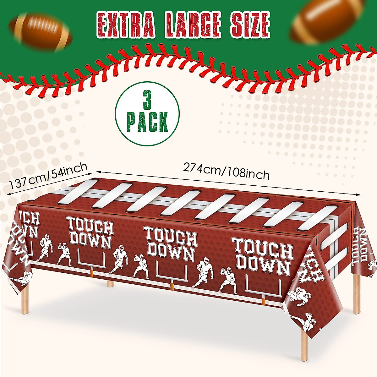 3 Pcs Football Party Tablecloths Plastic Football Field Tablecloths Rectangle Football Bowls Table Covers Football Touchdown Tablecloths for Game Day Baby Shower Birthday Party Supplies, 54 x 108 Inch
