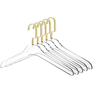 Quality Clear Acrylic Lucite Coat Suit Hangers, Stylish Clothes Hanger with Silver Hook - Coat Hanger for Dress, Suit - Adult Closet Organizer Hangers Matte Gold, 5 Pcs