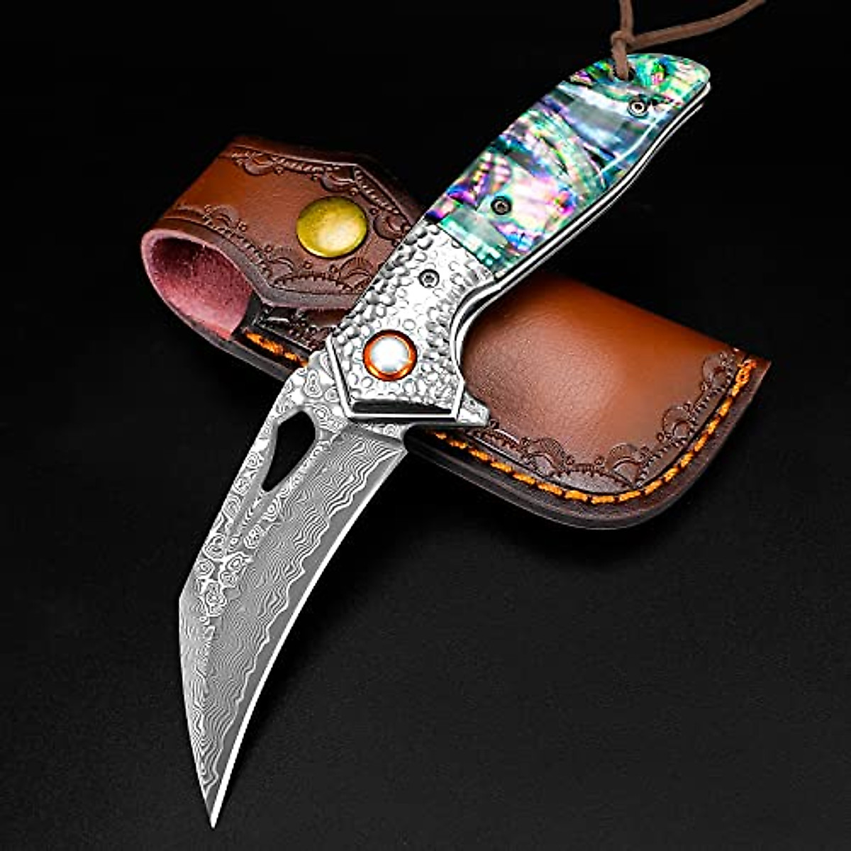 KOMWERO Damascus Pocket Knife for Men, VG10 Core Damascus Steel Folding Knife with Ball Bearing, Liner Lock, Abalone Shells Handle, Leather Sheath, Sharp EDC Knife for Gift Collection