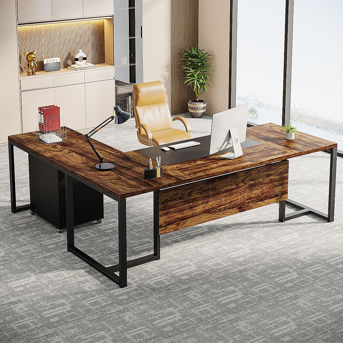 Tribesigns 70.8-Inch Executive Desk with File Cabinet, Large L Shaped Computer Desk with Storage Cabinet, L Shaped Desk with Drawer Cabinet, Rustic Brown & Black