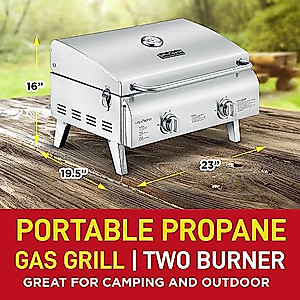 Portable Grill – Table Top Stainless Steel Propane Gas BBQ for Camping and Outdoor – 2 Burners –20,000 BTU Power - Folding Legs – Wind Proof Lid – Easy Clean – Silver - By Lifemaster