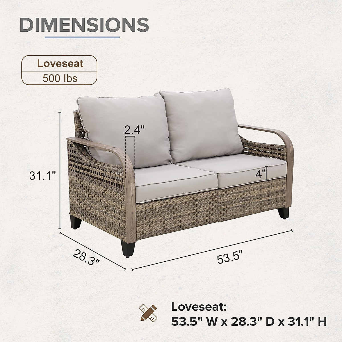 COOS BAY Wicker Outdoor Furniture Loveseat Sofa, Small Balcony Furniture Outdoor Loveseat 2 Seat Couch w/Cushions for Patio Backyard Deck Porch, Brown/Gray