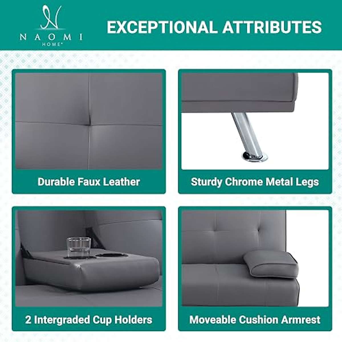 Space-Saving Design: Convertible Futon Sofa Bed, Versatile Comfort - Sturdy Build Modern Faux Leather Futon Couch - Low-Maintenance Upholstery - Customizable Positions - Easy Assembly - Gray