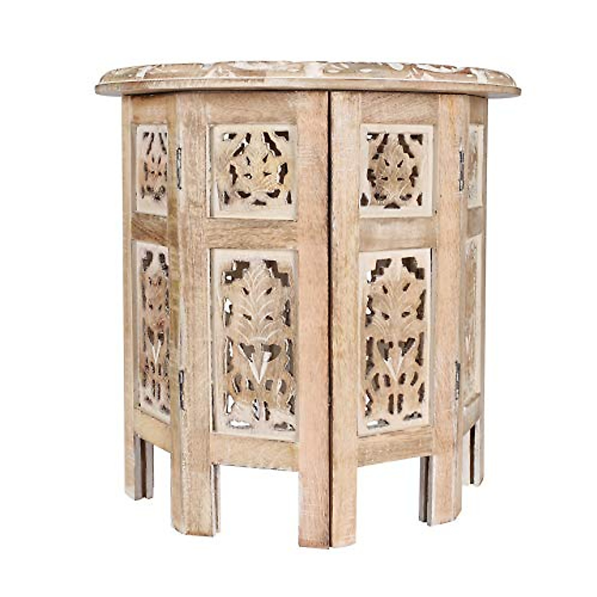 Solid Wood Hand Carved Accent Table, Side Table, entryway Table, Wooden end Table, Bedside Table, Octagonal Wooden Table - 18 Inch Round Top x 18 Inch High - White Wash