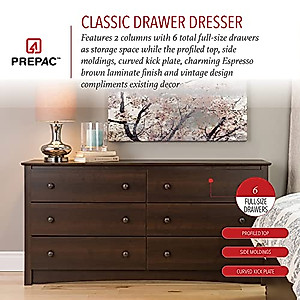 Prepac Fremont Bedroom Furniture: Espresso Double Dresser for Bedroom, 6-Drawer Wide Chest of Drawers, Traditional Bedroom Dresser, EDC-6330-V, 59"W x 17.5"D x 29"H