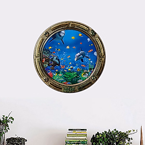 BooDecal 17 in x 17 in Dolphins Variours Tropical Fish Unsersea Series Porthole Fake Window Removable Wall Decals Swimming Sea Fish Waterproof Wall Stickers for Childrens Playroom Nursery Bathroom