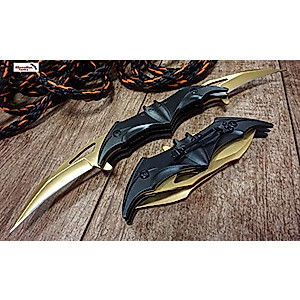 Dark Knight Bat Spring Assisted Open Folding Double Blade Dual Twin 3 Colors Pocket Knife Tactical Belt Clip Black Gold Rainbow Knives Great Gift (Gold)