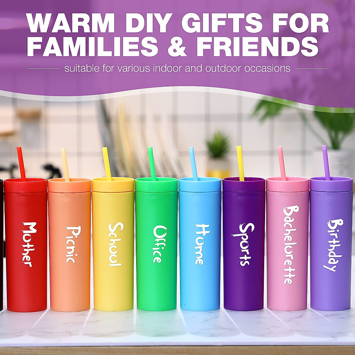 Raiten 27 Pieces Skinny Tumbler Cups with Lids and Straws 16 oz Acrylic Tumblers Bulk Colored Matte Tumblers Reusable Double Wall Plastic Mugs Cold Hot Drinks Water Bottles for Women Teacher DIY Gifts