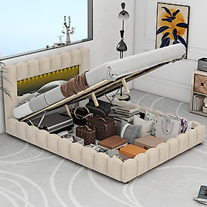 FEELHOME Queen Size Lift Up Storage Bed/Button Tufted Wingback Headboard/Hydraulic Storage/Upholstered Platform Bed Frame/No Box Spring Needed/Wood Slats Support/Light，Beige