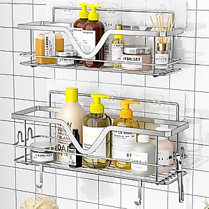 SIXDOVE Shower Caddies 2 PACK - No Drilling Adhesive Shower Organizer with Hooks, Rustproof SUS304 Stainless Steel Bathroom Shower Shelf, Shower Rack Large Shower Holder & Kitchen Storage (Silver)