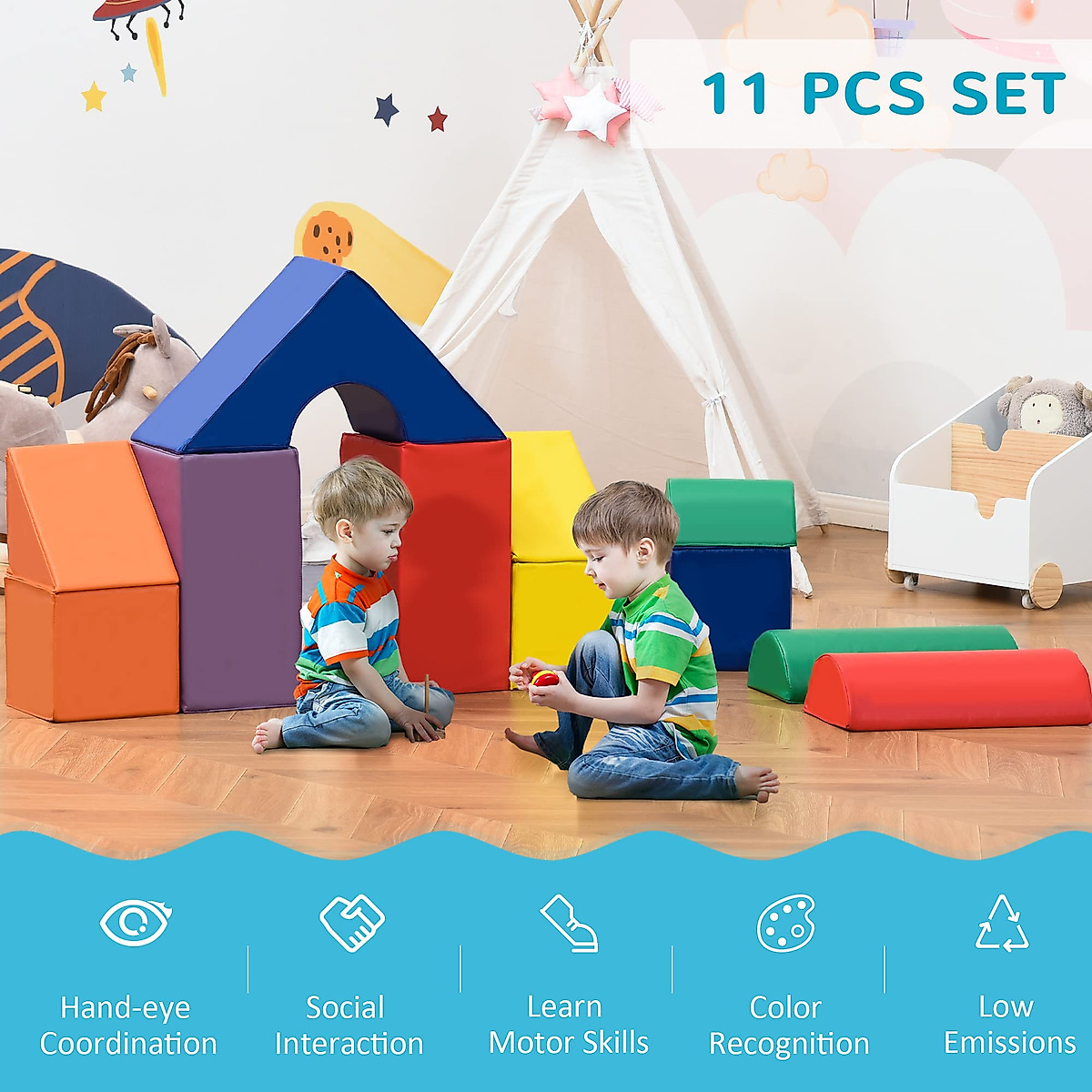 Soozier Foam Climbing Blocks for Toddlers, 11-Piece Baby Soft Foam Play Set, Climb and Crawl Activity Playset Building Blocks for Aged 1-3 Years Old Boys & Girls, Assorted