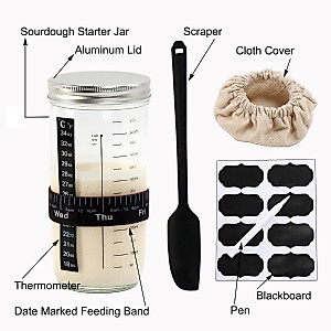 Sourdough Starter Jar for Sourdough Bread Baking, Sourdough Starter Kit With Date Marked Feeding Band, Thermometer, Scraper, Sourdough Container Sewn Cloth Cover & Metal Lid