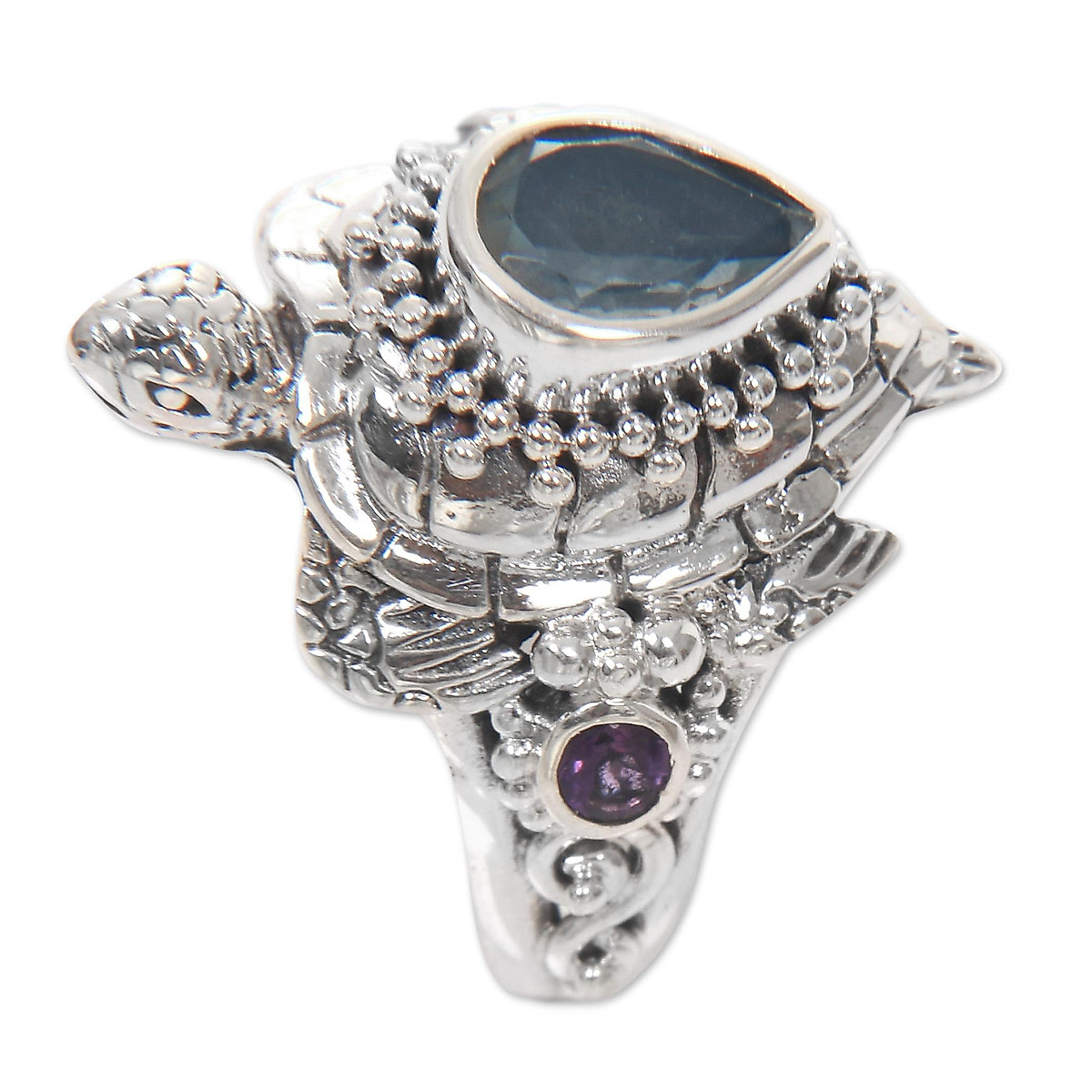 NOVICA Artisan Handmade Multi Gemstone Cocktail Ring Turtle Theme from Bali Sterling Silver Citrine Blue Topaz Amethyst Multigem Multicolor Purple Yellow Domed Indonesia Serenity Animal Themed [ring ]