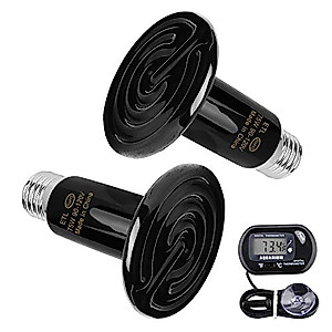 2-Pack 75W Ceramic Heat Lamp with 1-pcs Digital-Thermometer, Infrared Heat Emitter Bulbs for Reptiles, Amphibians, Chicken Brooder Coop Lizard Turtle Snake Aquarium, No Light No Harm, ETL Listed