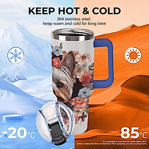 WYUSPGK 40oz Stainless Steel Car Mug, Yorkie Floral Print Travel Mug, Double-Wall Insulated with Straw, Perfect for Car, Office, Outdoor
