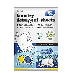 Soulink Laundry Detergent Sheets Up to 80 Loads, Eco Friendly Detergent Strips for Travel & Home - No Plastic Jug Soap sheets, Plant-based, Hypoallergenic. Safe for Sensitive Skin (Fresh Linen)