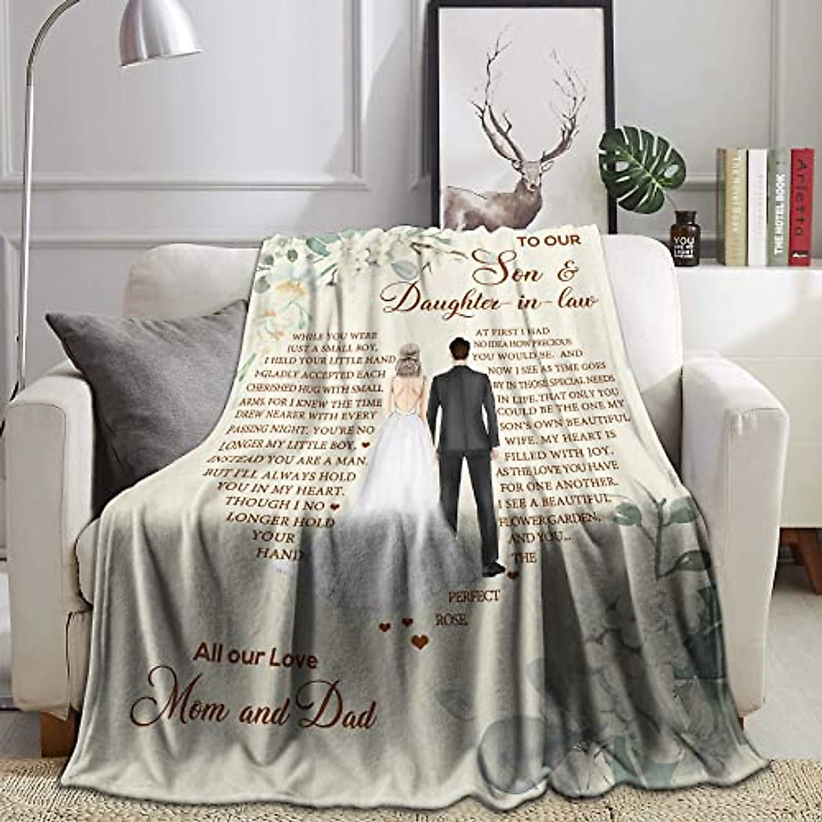 to My Son and Daughter in Law Gifts Ideas on Wedding Day from Mom Dad - Wedding Engagement Birthday Gifts for Son and Daughter in Law Throw Blanket Flannel Fleece Soft Warm for Bed Sofa 60”x50”