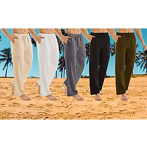 YuKaiChen Men's Casual Beach Pants Drawstring Cotton Linen Loose Open Bottom Yoga Trousers Pockets White XXL