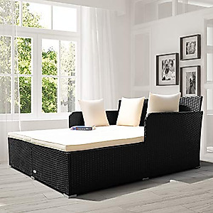 Tangkula Outdoor Rattan Daybed, Sunbed Wicker Furniture w/Spacious Seat, Upholstered Cushion & High-Resilience Sponge, Wicker Patio Sofa Set w/Extra Pillows for Courtyard Poolside(White)