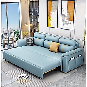 LAKIQ Contemporary Blue Sofa Bed with Storage Faux Leather, Metal, Sponge Seat Fill Loveseat Couch (94.5" L x 31.5" W x 33" H)
