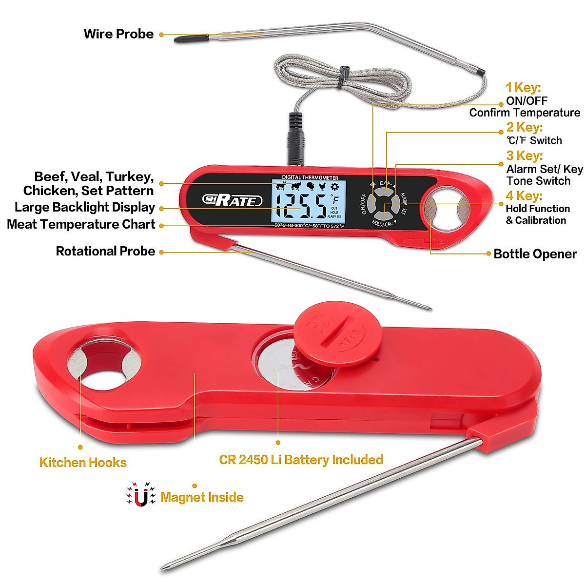 Digital Meat Thermometer for Oven, 5 Meat Temperature Settings 2-in-1 IP67 Waterproof 2s Instant Read Grill Cooking Food Thermometer with Dual Probe Magnet for Kitchen, Grill, BBQ, Turkey（Red）