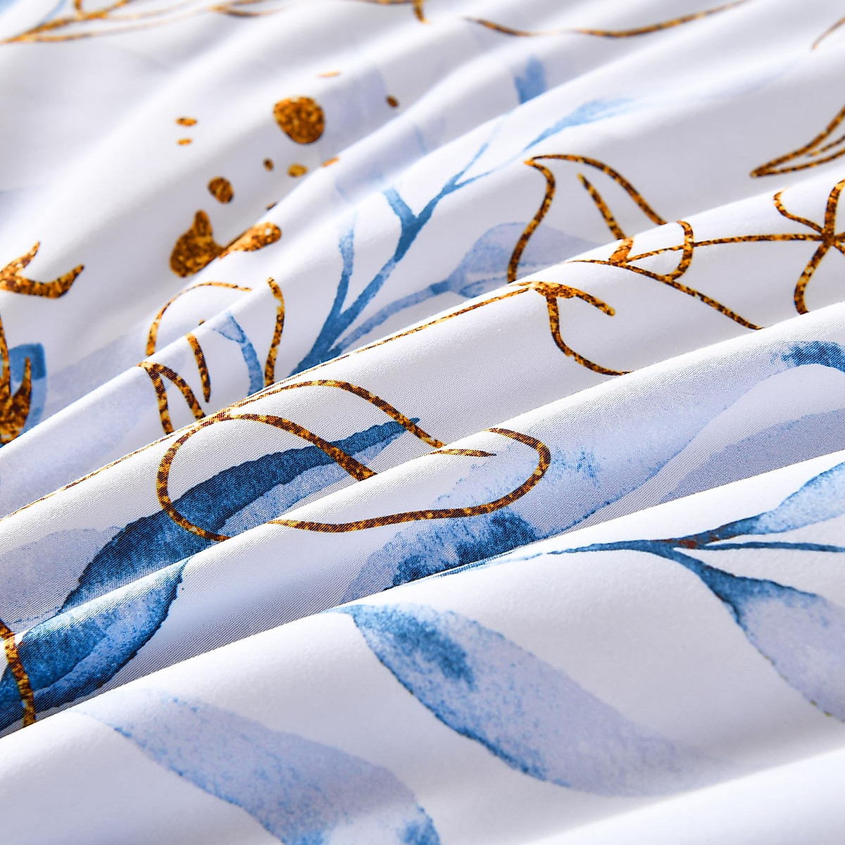 Blue Botanical Duvet Cover Set Queen, 3 Pieces Reversible Blue Gold Leaves Printed Bedding Set with Zipper Closure, Soft Microfiber Flower Duvet Cover Queen 90"x90"(Not Comforter)