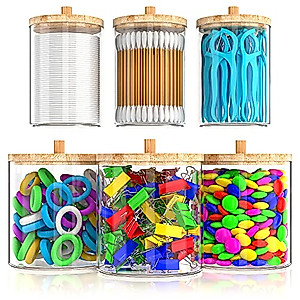 Clear Plastic Apothecary Jars with Lids - Premium Acrylic Qtip Holder Bathroom Set (6 Pack) - 10 Oz Bathroom Canisters for Cotton Ball, Cotton Swab and Cotton Round Pads - Compact Qtip Dispenser