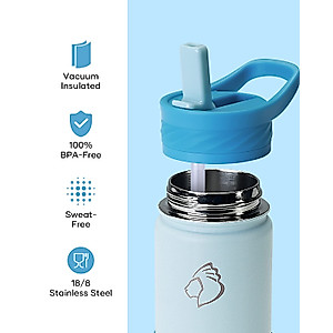 14oz Kids Water Bottle for School Toddler Thermo Water Cups with Straw Lid & Silicone Boot, BUZIO Stainless Steel BPA-Free Insulated Water Tumbler Travel Bottles, Metal Mug with Stickers- Blue