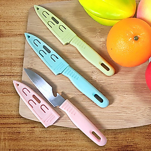 Lomgwumy Paring Knife, 3 Sharp and Durable Fruit Knife, with Scabbard, Simple and Beautiful, Fruit Knives Small is Suitable for Most Vegetables, Fruits and Meat (Pink, Blue, Green)