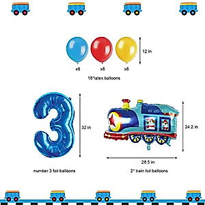JOPARY Train 3rd Birthday Decorations Boys Train, 3 Years Old Birthday Party Supplies With Number 3 Foil Balloons Train Birthday Banner,Latex Balloons For Kids Train Birthday Party Decoration