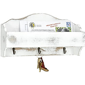 Red Co. 16” x 8” Large Decorative Wooden Wall-Mounted Rack Organizer with 3 Hooks in Distressed White Finish