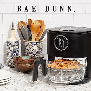 Rae Dunn 1200W 4Qt Air Fryer with GLASS Frying Basket, Dishwasher Safe, 2 Tier Tray, 60 Minute Timer, Digital Touch Display, and 6 Presets - Variable Temperature Control 175F - 400F, Black