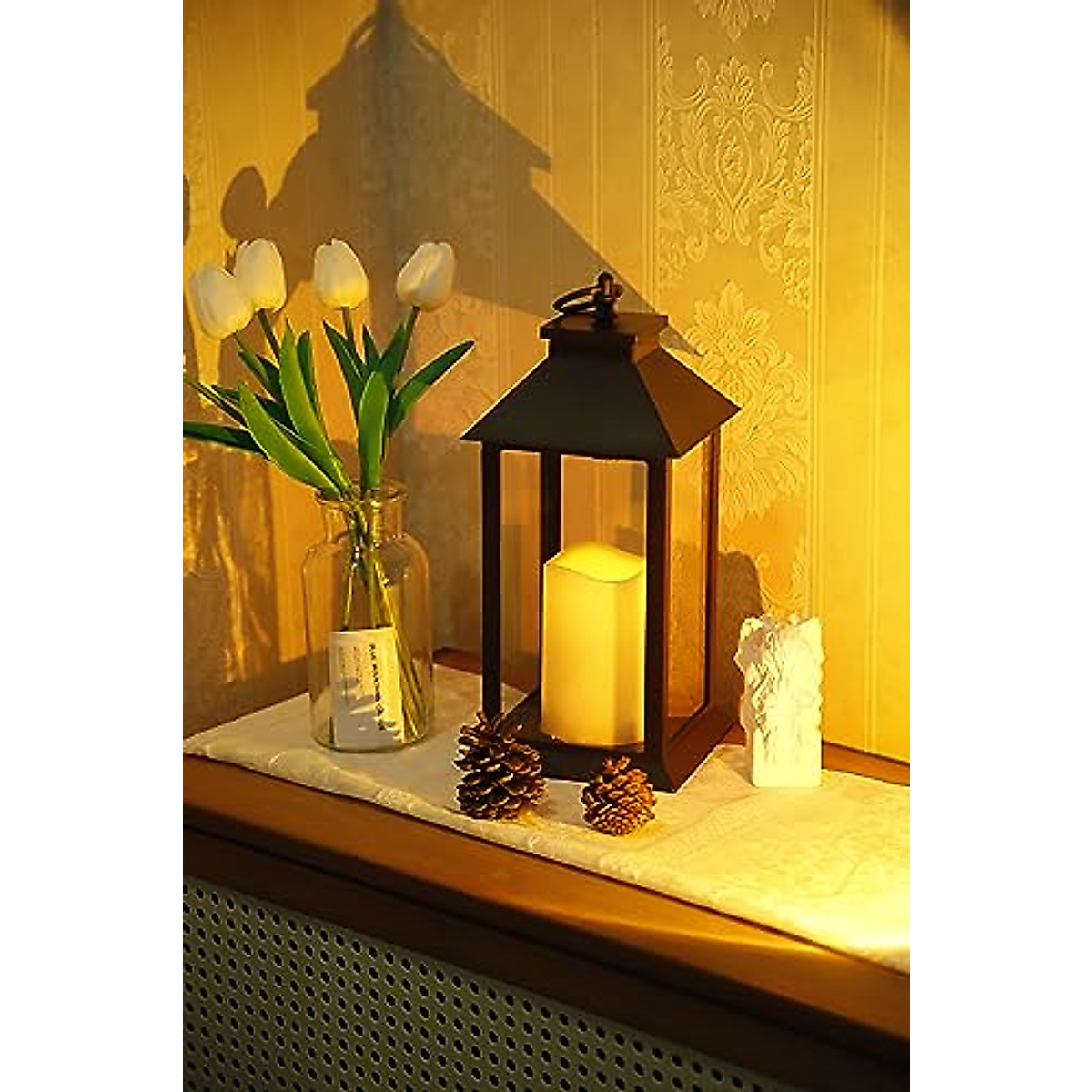 YAKii Hanging Glass Panes Lantern Portable Led Lantern Decorative Operated by 3AAA Battery Use for Garden Yard, Indoor Decoration Candle Lantern (Black)